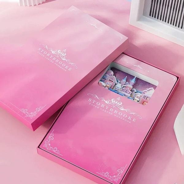 3D Paper Carved Castle Notebook showing intricate laser-cut design and gift box packaging