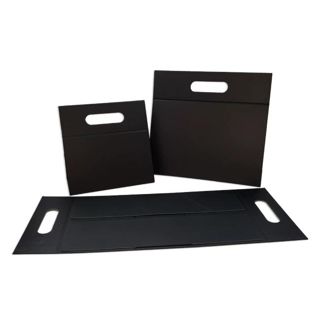 Black foldable magnetic rigid boxes shown in both flat-packed and assembled states