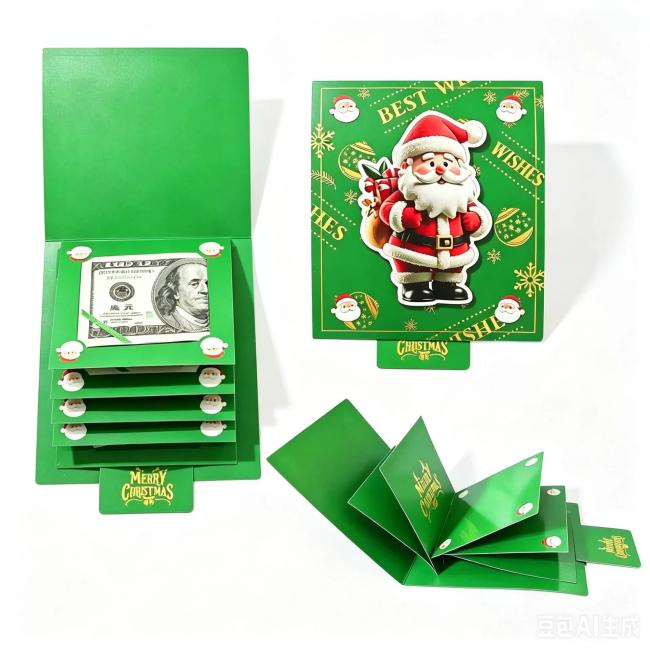 Detailed view of Christmas folding money envelope tier structure