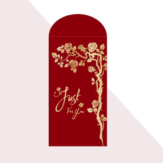 Premium red gift envelope styled with a climbing rose vine pattern and Just For You lettering
