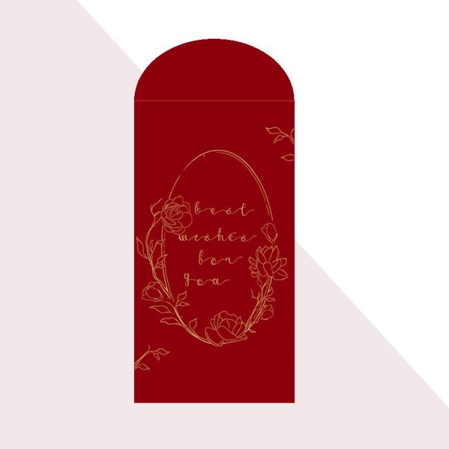 Elegant red money packet featuring an oval floral frame and custom gold stamped typography