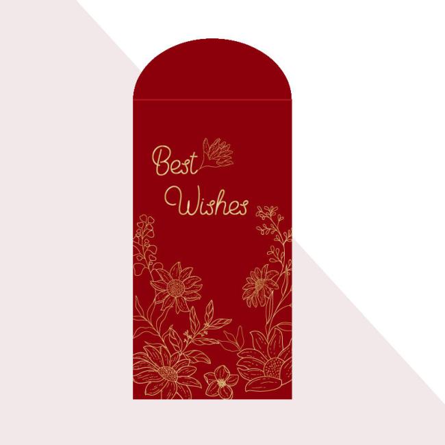 Festive red paper envelope decorated with gold foil sunflower and floral line-art motifs