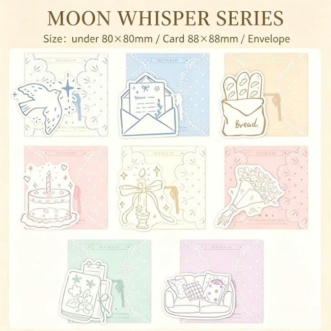 Collection layout of the Moon Whisper series showing eight unique scented card variants with size specifications for cards and envelopes