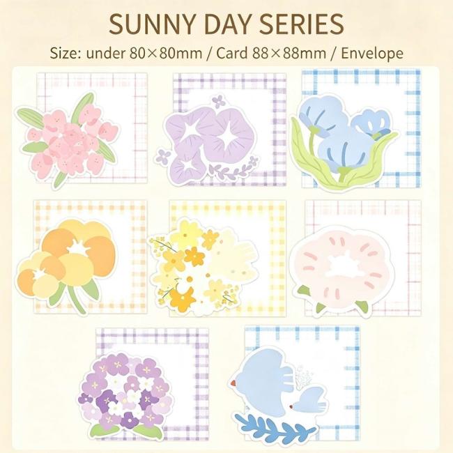 Grid display of the Sunny Day series featuring floral, botanical, and everyday object scented cards paired with pastel plaid envelopes