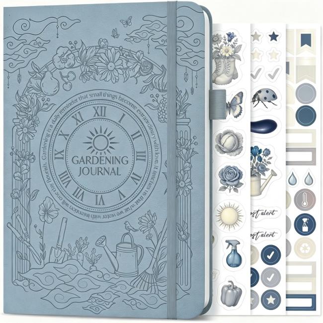 Blue cover variant of the custom gardening journal with celestial and botanical debossed artwork and stickers