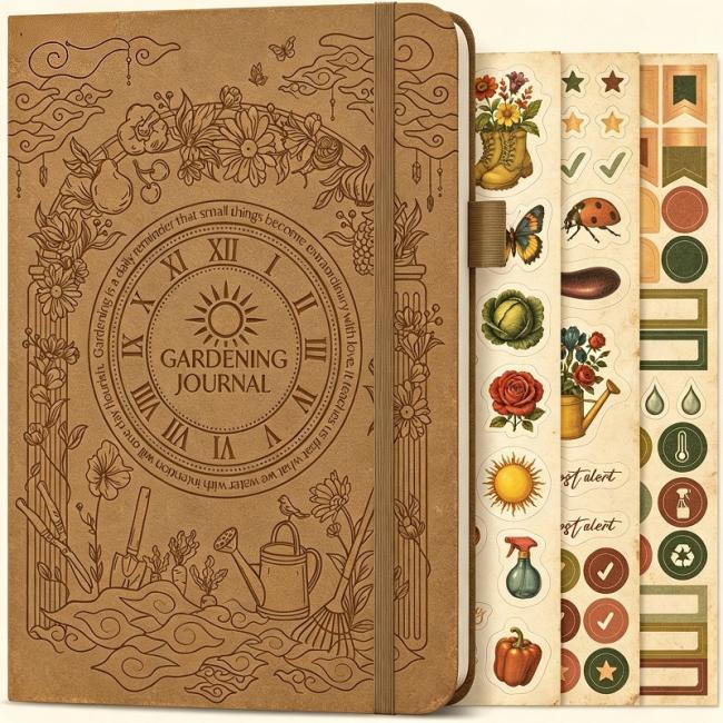 Vintage brown cover design of the garden maintenance log book with floral and tool motifs