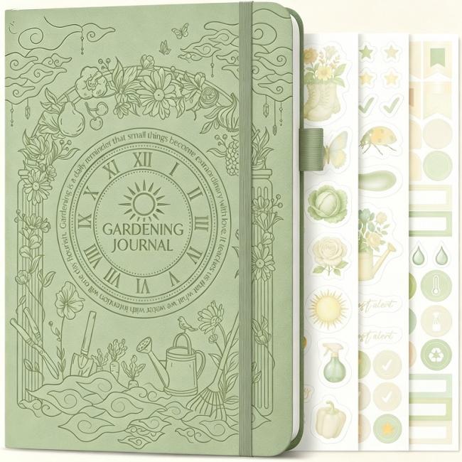 Complete display set of the green hardcover garden journal book bundled with three sheets of botanical stickers