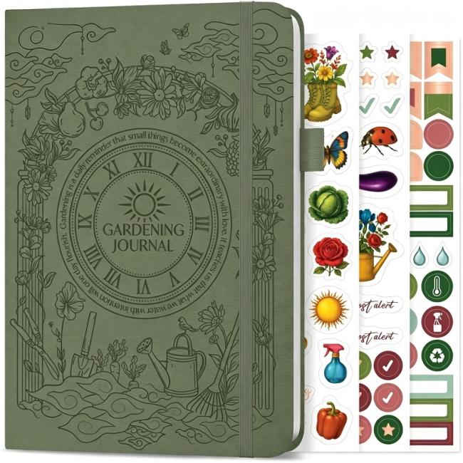 Garden maintenance log book main view featuring green hardcover, elastic band, and gardening stickers