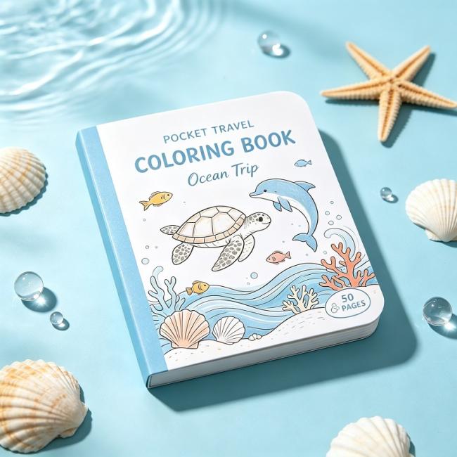 Ocean trip themed pocket travel coloring book with sea shell decorations