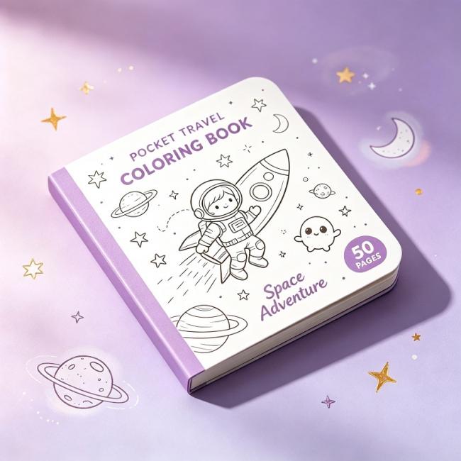 Space adventure custom pocket travel coloring book in purple tones