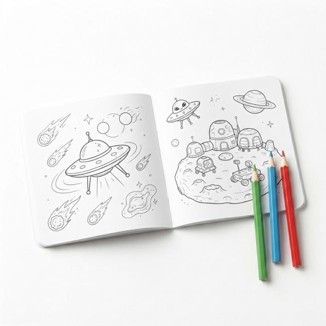 Space rocket and planet coloring page inside compact pocket travel coloring book