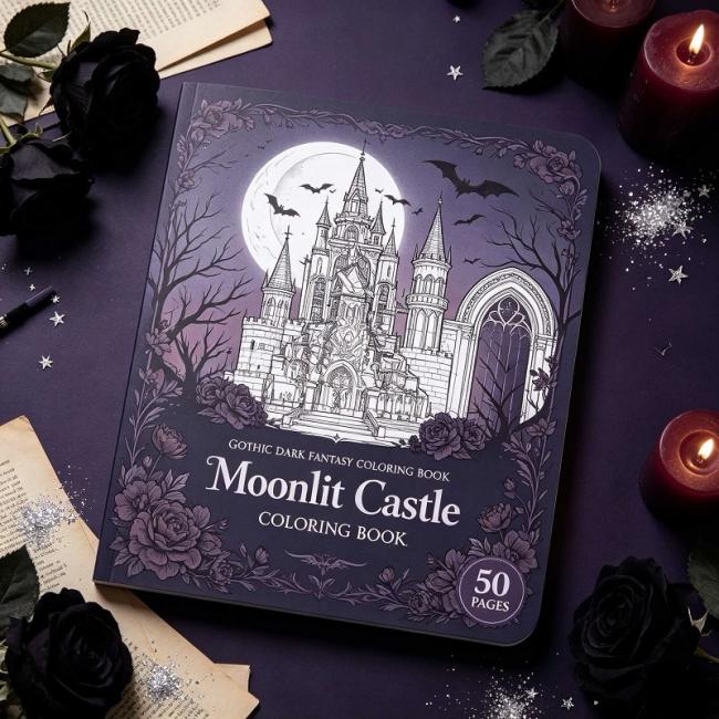 Moonlit castle gothic dark fantasy coloring book with rounded corners