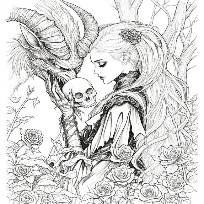 Fantasy art therapy coloring page featuring gothic girl and roses