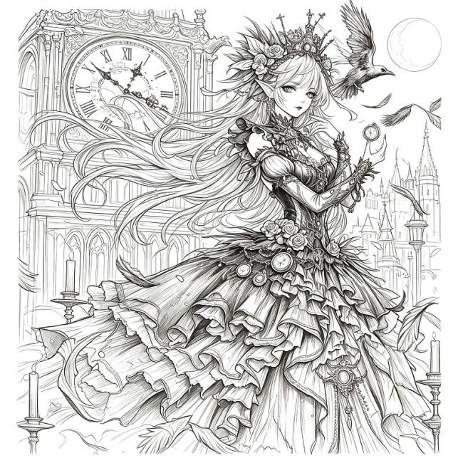Detailed clock tower and fantasy elven princess line art page