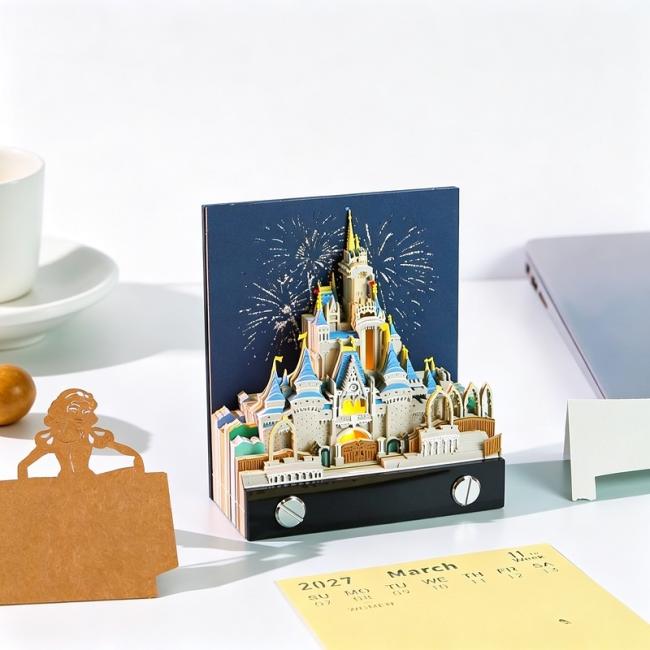 Illuminated 3D memo pad calendar castle design with fireworks backdrop and LED light showcasing the detailed structure