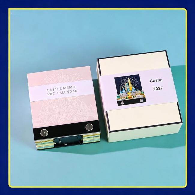 3D memo pad calendar castle design shown with custom packaging presentation box in retail setting