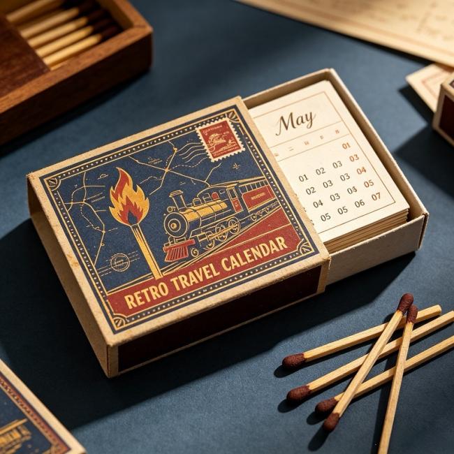 Retro travel calendar with vintage train illustration in matchbox style packaging