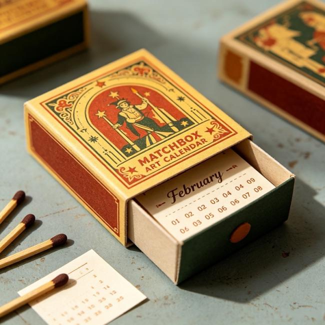 Retro matchbox art desk calendar featuring February jester illustration and matchbox style drawer box