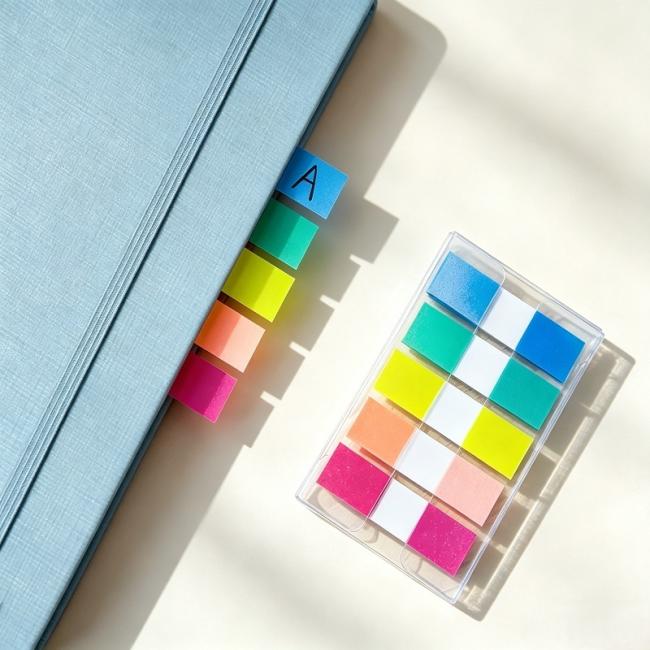 Writeable neon page markers applied on notebook edge for study planning
