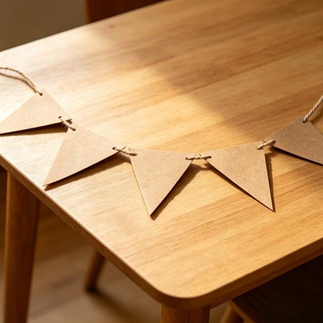 Recycled kraft paper triangle pennant garland displayed on a wooden table