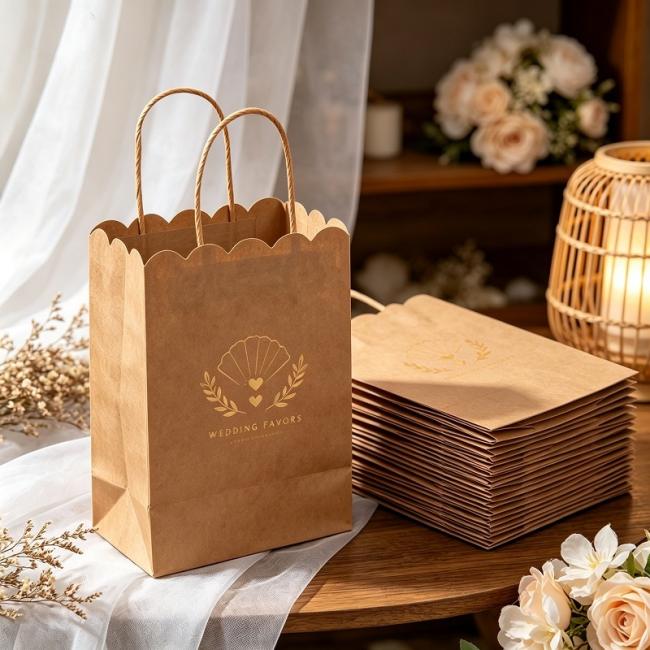 Scalloped edge kraft paper party loot bag featuring elegant wedding favors design with decorative top edge