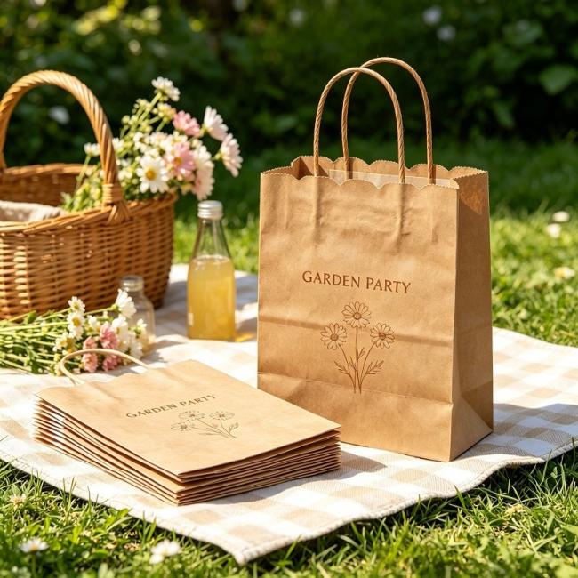 Scalloped edge kraft paper party loot bag used in garden party picnic setup