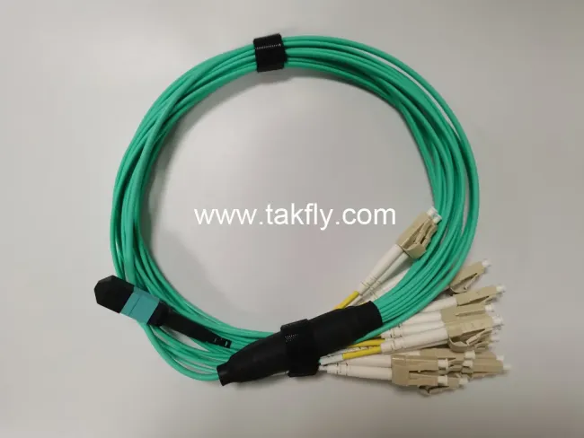 24 Cores MPO-LC Om3 Om4 Aqua Plenum Breakout Cable close-up view