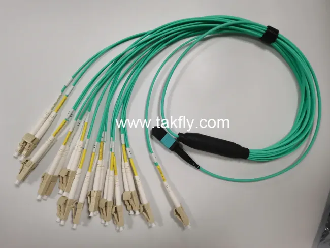 24 Cores MPO-LC Om3 Om4 Aqua Plenum Breakout Cable side view