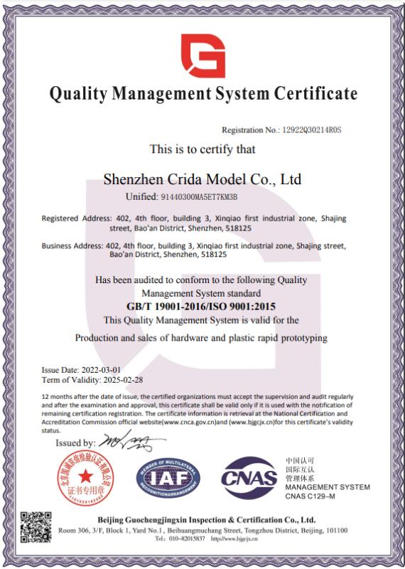 GB/T 19001-2016/IS0 9001:2015 - Shenzhen Crida Model Co., Ltd.