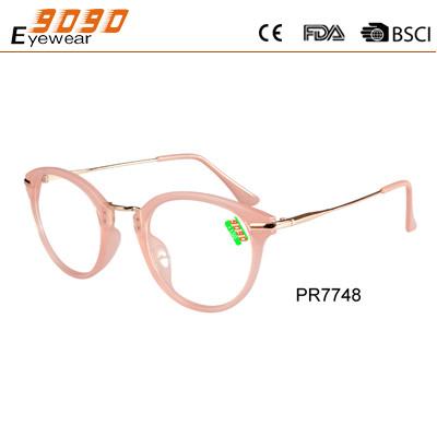 China Gafas de lectura de moda para dama, hechas de CP con marco rosa, templo de metal en venta