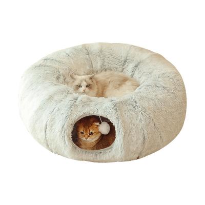 China Winter Cat Tunnel Bed Round Plush Warm Foldable Donut Tunnel Cat Bed Pet Nest for sale