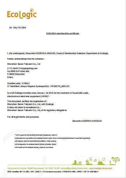 ECOLOGIC membership certificate - Shenzhen Sacon Telecom Co., Ltd