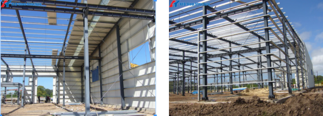 Steel structure warehouse frame assembly showing columns, beams, and bracing system