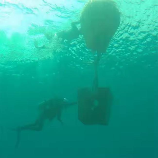 Close-up view of parachute lift bag construction