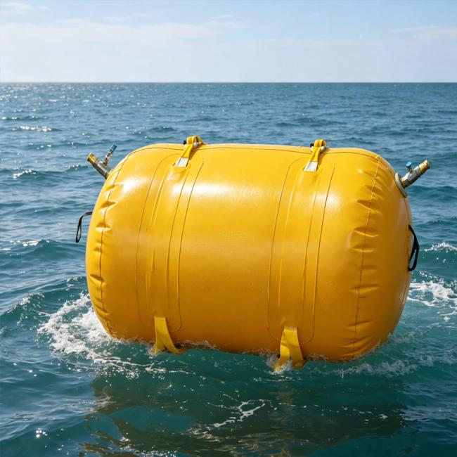 Multiple inflatable salvage tubes positioned around a partially submerged vessel during recovery