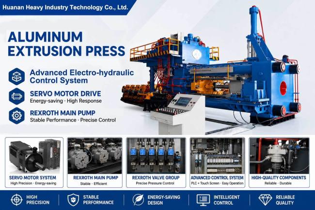 Aluminum extruder machine in operation producing aluminum profiles