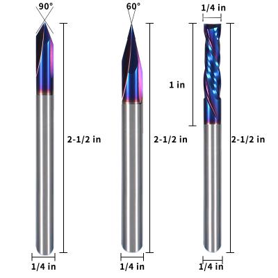 Cina 1/4*2-1/2 HRC65 2 Flute Rivestimenti Nano Blu Set di frese per router CNC in metallo duro per intaglio del legno in vendita