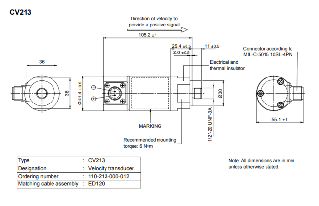 CV213 velocity sensor technical diagram