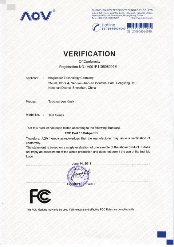 FCC(Touchscreen Kiosk) - KINGLEADER Technology Company
