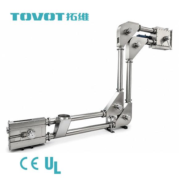Plastic pellet tube chain conveyor system in industrial setting