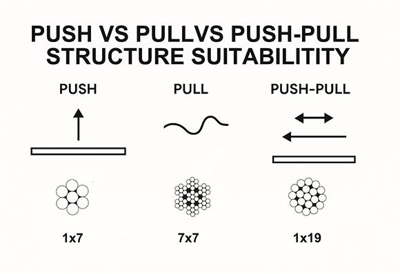 Structure suitability diagram showing push-only, pull-only, and push-pull cable core recommendations for mechanical control cables, including 1x7, 1x19, 7x7, and 7x19 configurations.