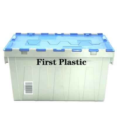 China Solid Box Style FIRST 600*400*315mm Moving Storage Nestable and Stackable Plastic Crate with Lid for sale