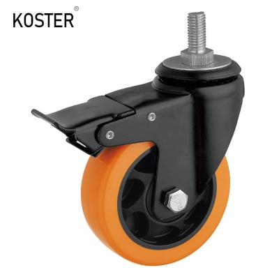 China 75 mm Oranje PU Industrieel Trolley Meubels Schroef Draaiend Rolspelwiel met rem Te koop