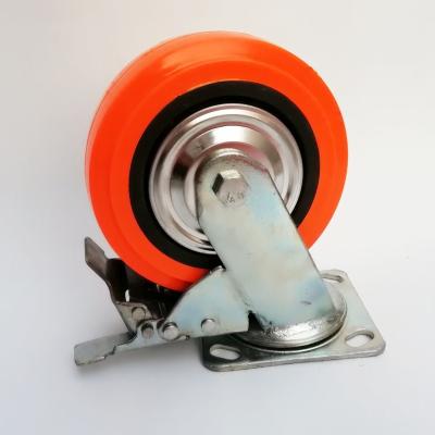 China 4 5 6 8 inch oranje polyurethaan dubbel kogellager draaiend kastroerwiel met rem Te koop