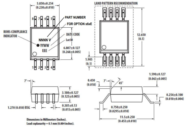 Μηχανικό σχέδιο - μεγάλα Optocouplers Broadcom acpl-K70A/K73A Μηχανικό σχέδιο - μεγάλα Optocouplers Broadcom acpl-K70A/K73A