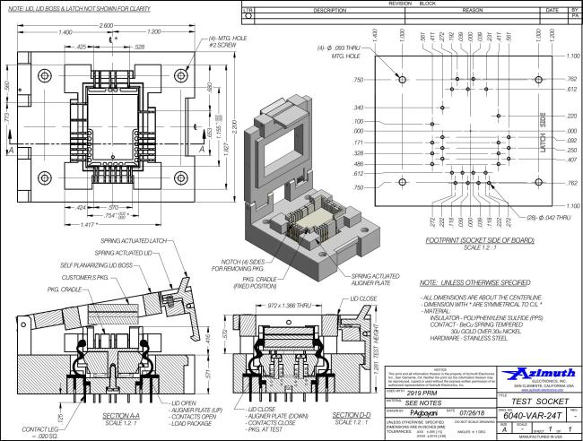 Azimuth Electronics catalog page for 6040-VAR-24T Leadless Quad Flat Sockets for your Package