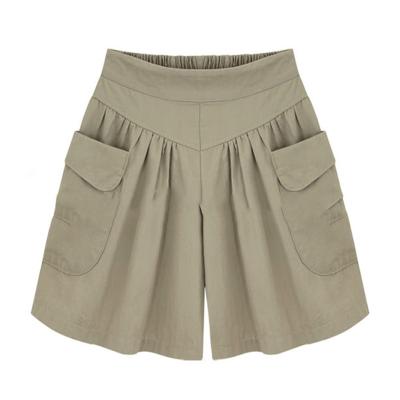 China Las piernas anchas de los pantalones cortos casuales para mujer de color caqui del algodón de la cintura del estiramiento llevan cómodo en venta