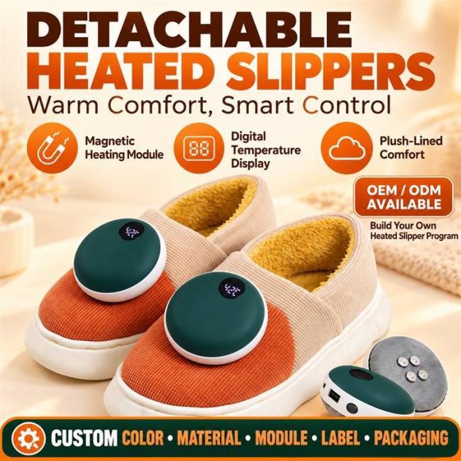 Detachable magnetic heated slippers with graphene heating modules on each shoe