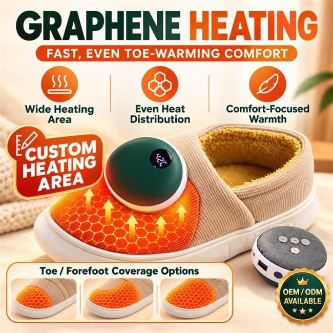 Graphene heating zone across the toe and forefoot of a heated slipper