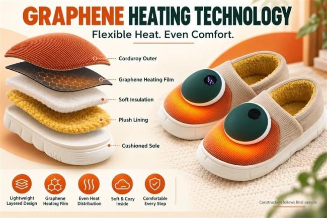 Five-layer graphene heated slipper construction from corduroy outer to cushioned sole